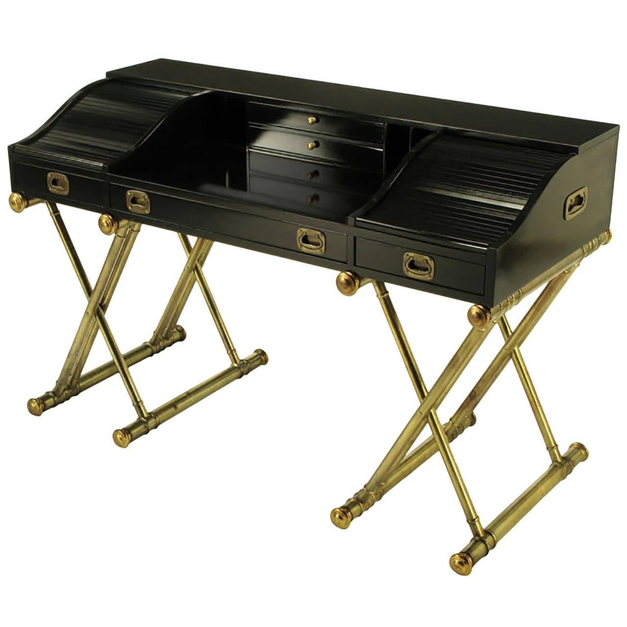 Black Lacquer Brass Faux Bamboo Base Campaign Secretary Roll Top Style ...
