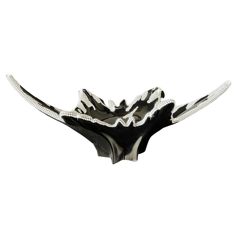 Black Lacquer Glass Dusted Chalk White Crystal Trim For Sale at 1stDibs