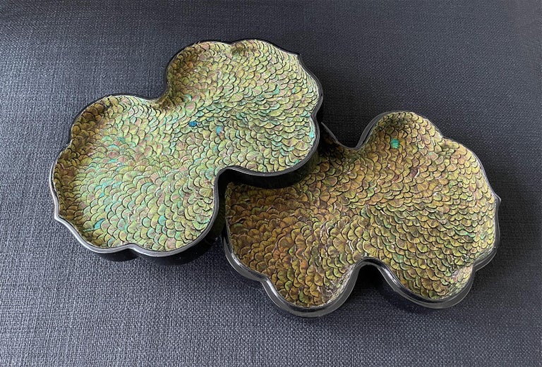 Black Lacquer Lotus Box with Peacock Feather Lining For Sale at 1stDibs