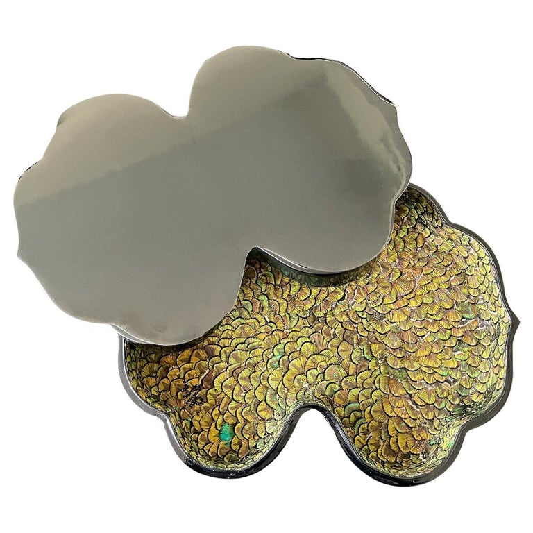 Black Lacquer Lotus Box with Peacock Feather Lining For Sale at 1stDibs