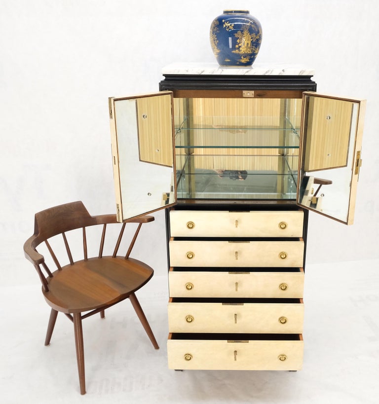 Black Lacquer Marble Top Goatskin Drawers and Double Doors Liquor ...