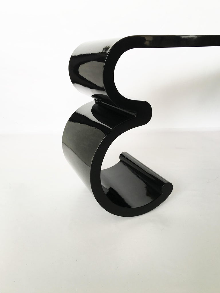 Black Lacquer Scroll Console Table in the Manner of Karl Springer ...
