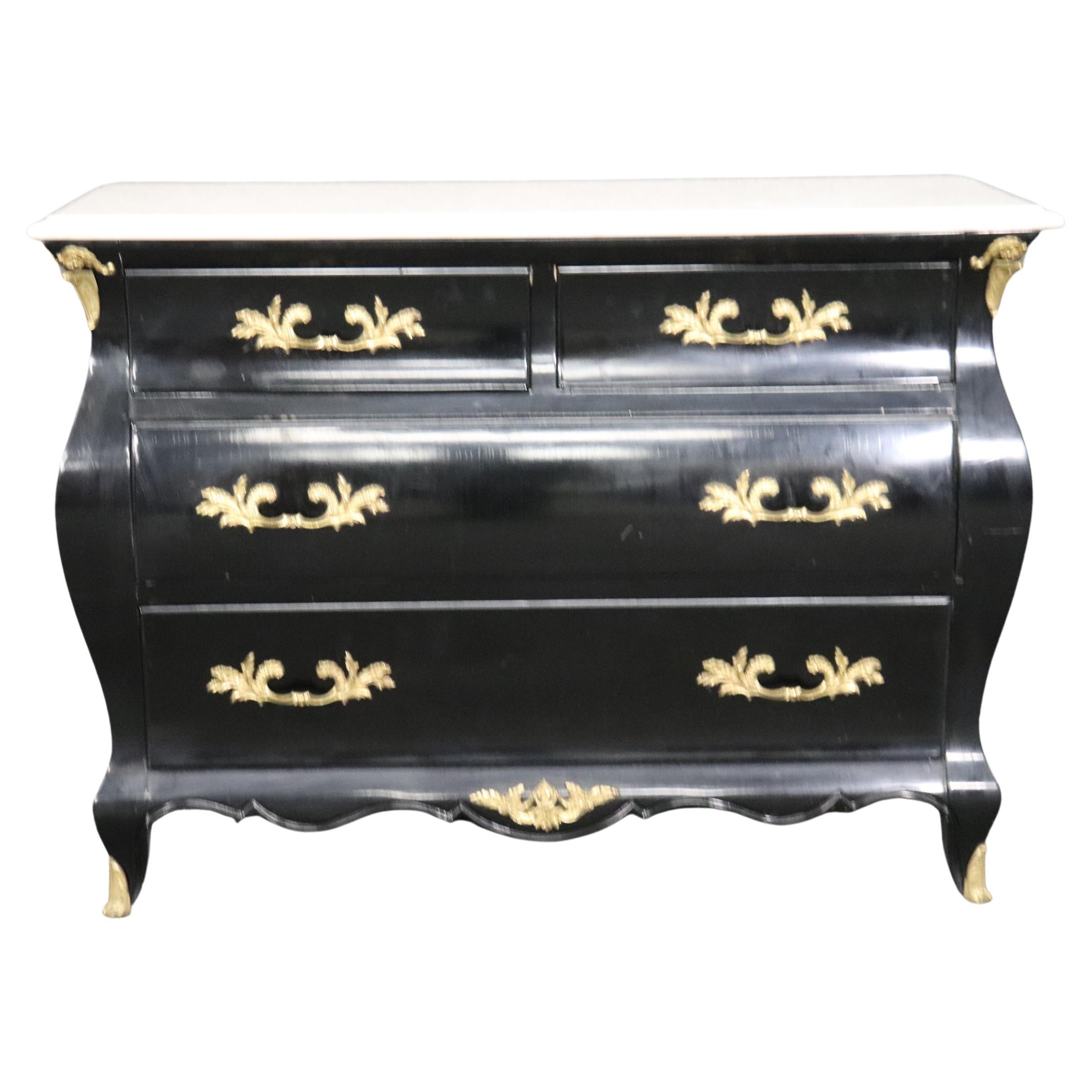 Black Lacquer White Marble Top French Louis XV Style Bombe Commode ...