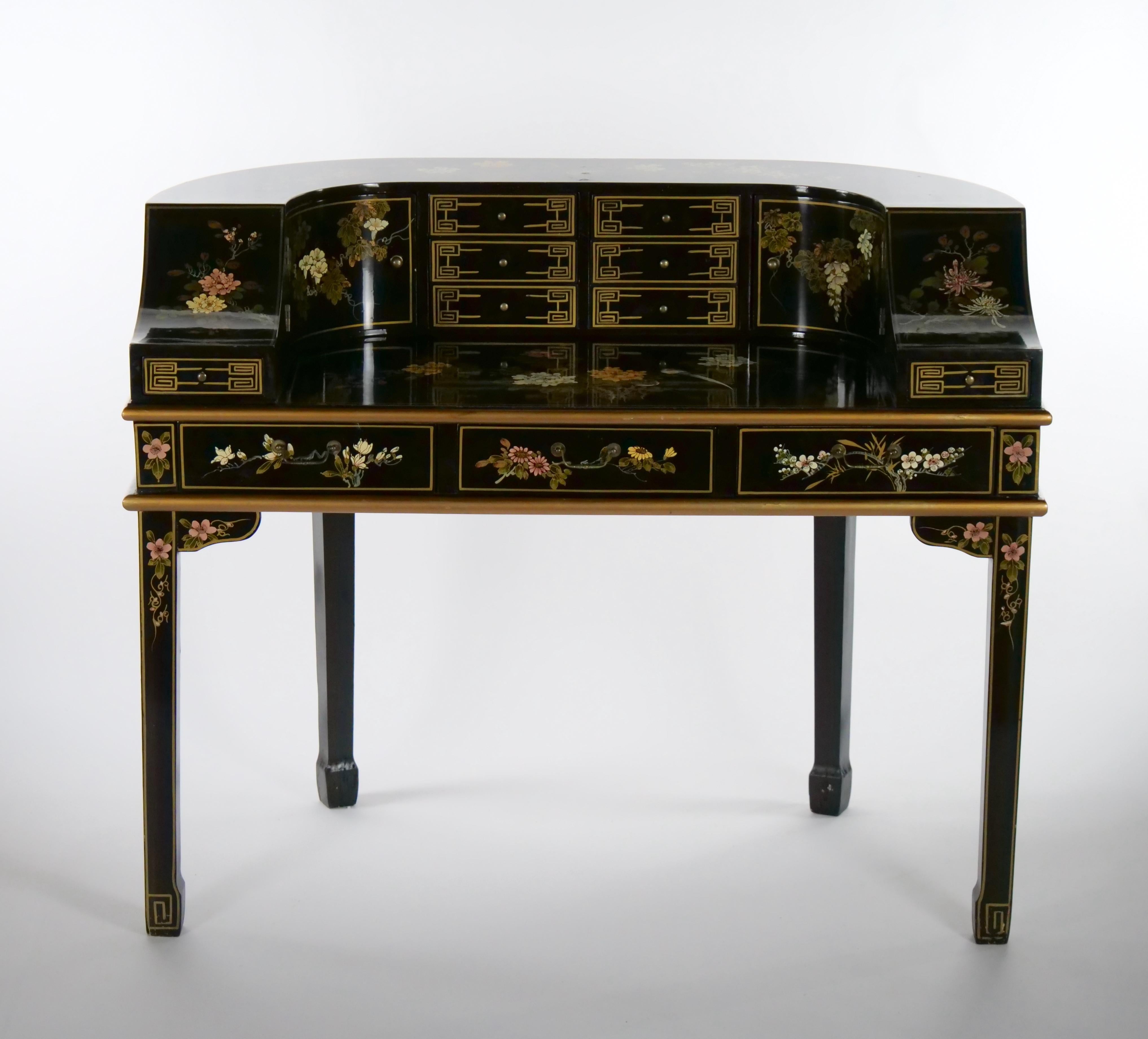 Black Lacquered Hand Painted / Decorated Chinoiserie Desk at 1stDibs