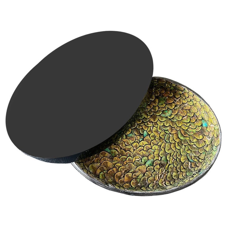 Black Lacquered Oval Box with Peacock Feather Lining For Sale at 1stDibs