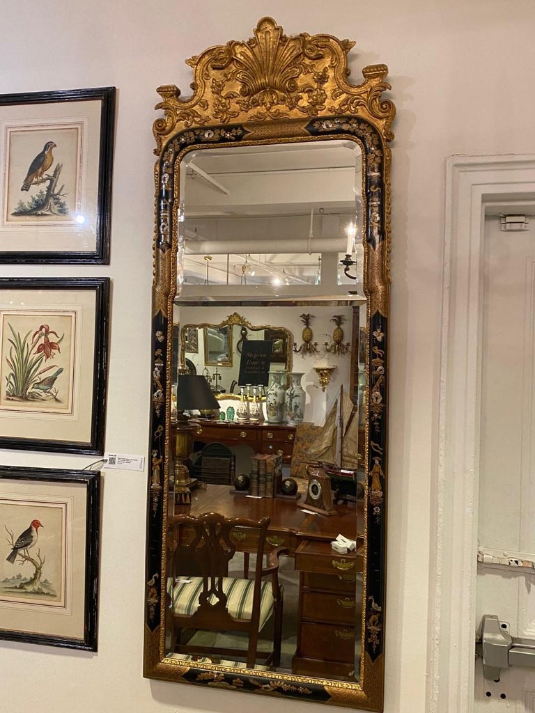 Black Lacquered Queen Anne Style Mirror w/ Chinoiserie Decoration and ...