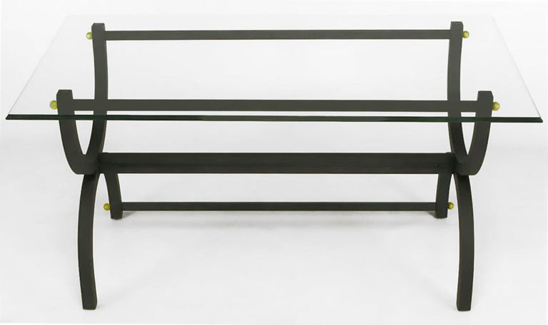 Black Lacquered Steel Curule Base Writing Table with Brass Appointments ...