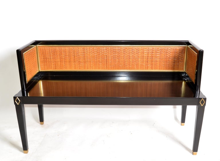 Black Lacquered Wood, Brass and Cane Seating Bench Mid-Century Modern ...