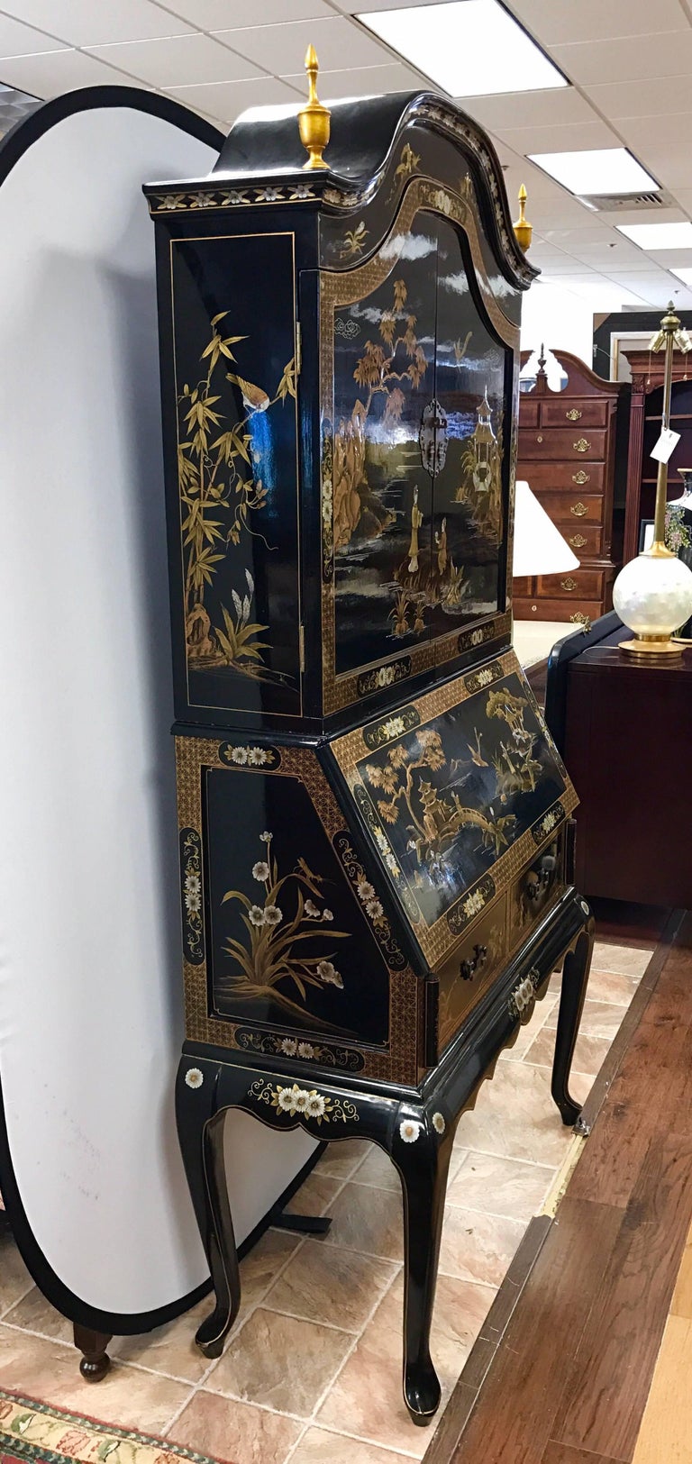 Black Laquered Asian Chinoiserie Secretary Secretaire Desk and Chair at ...