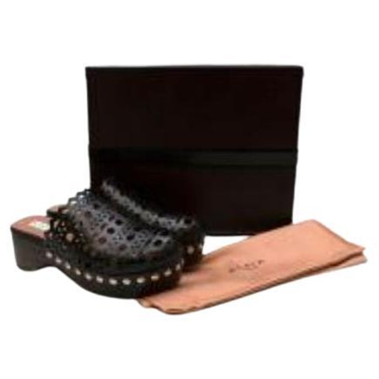 Black Laser Cut Leather and Wood Clogs For Sale at 1stDibs