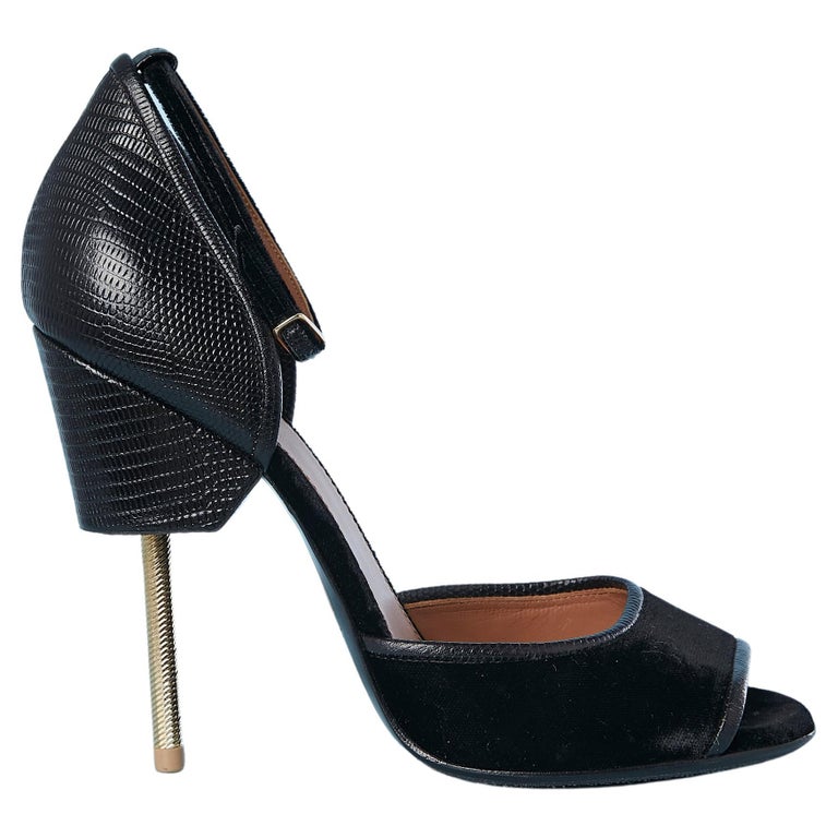 Black leather and velvet high heel sandal with metallic screw heel ...