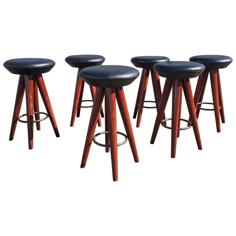 Black Leather and Wood Bar Stools at 1stDibs