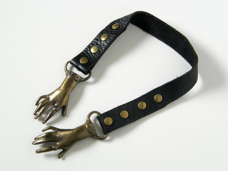Black Leather Belt with Clasped Hands Buckle and Adjustable Length at ...