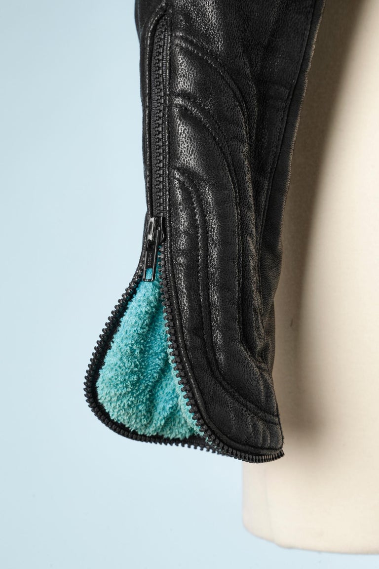 Black leather biker jacket with terry towelling lining Thierry Mugler ...