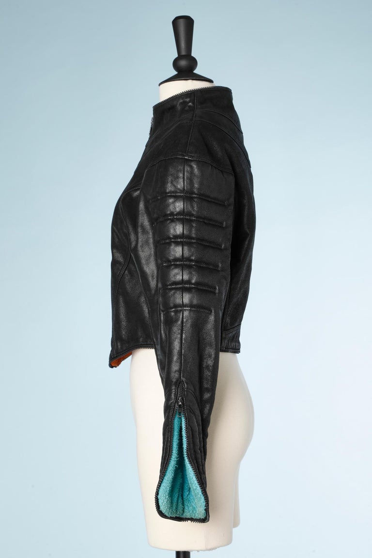 Black leather biker jacket with terry towelling lining Thierry Mugler ...