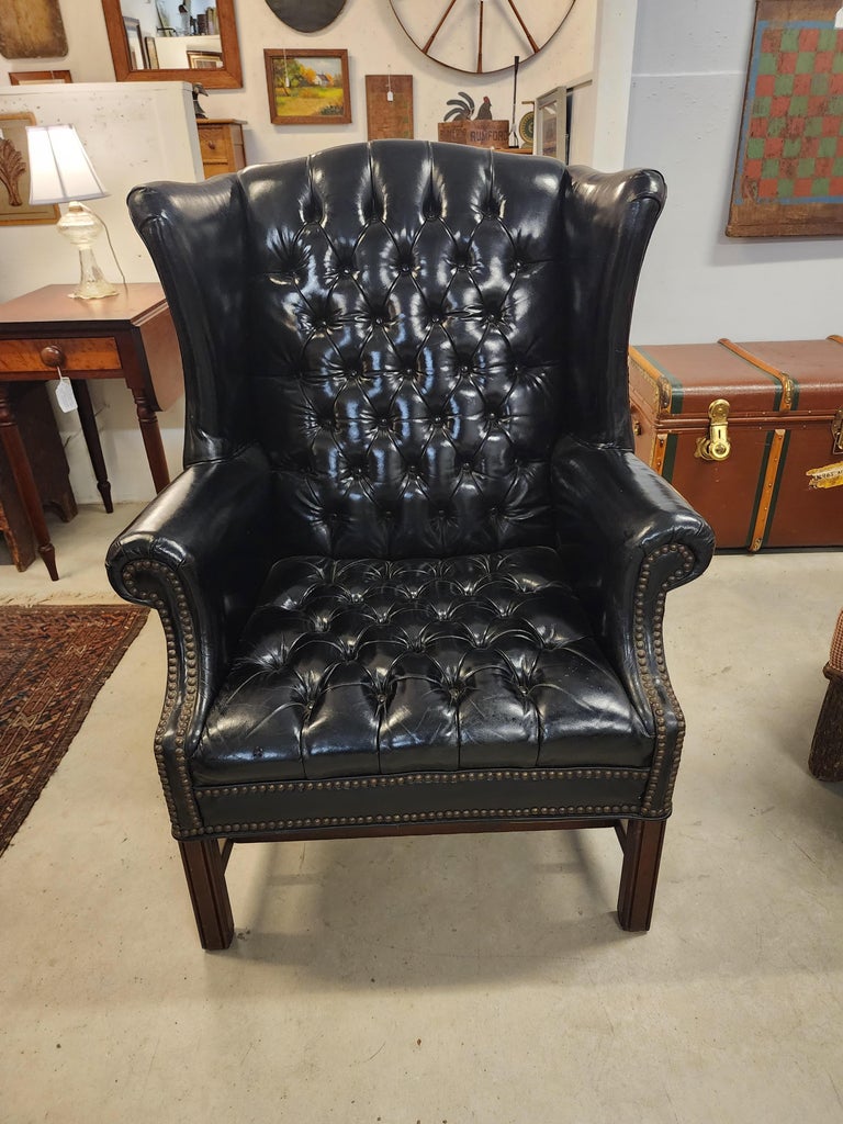 Black Leather Chesterfield Wingback Chair at 1stDibs