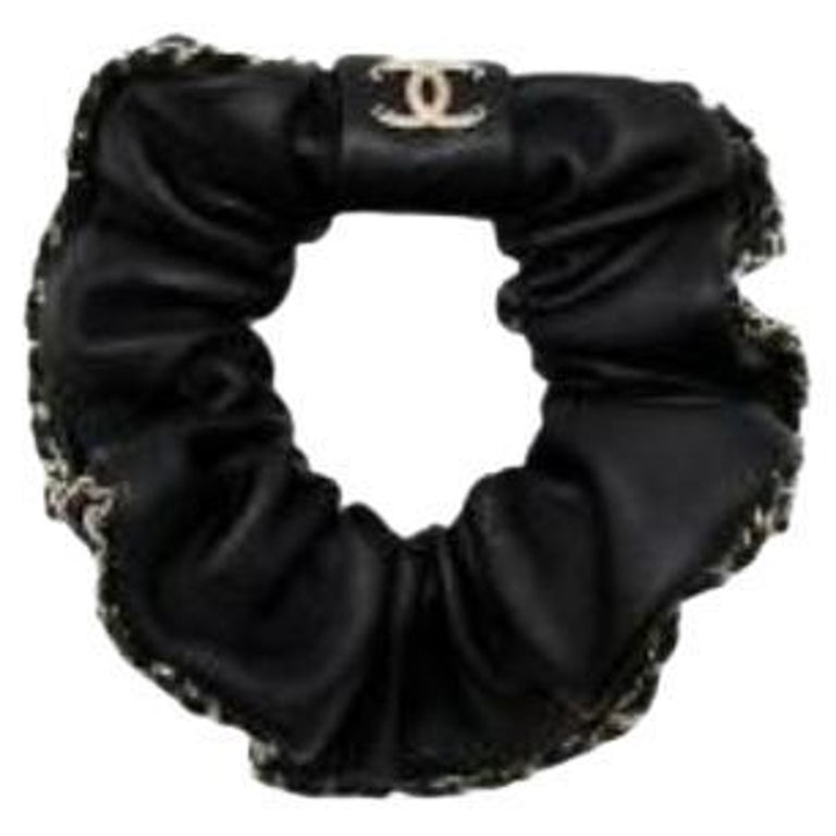 Black leather and gold-tone chain trim scrunchie For Sale at 1stDibs