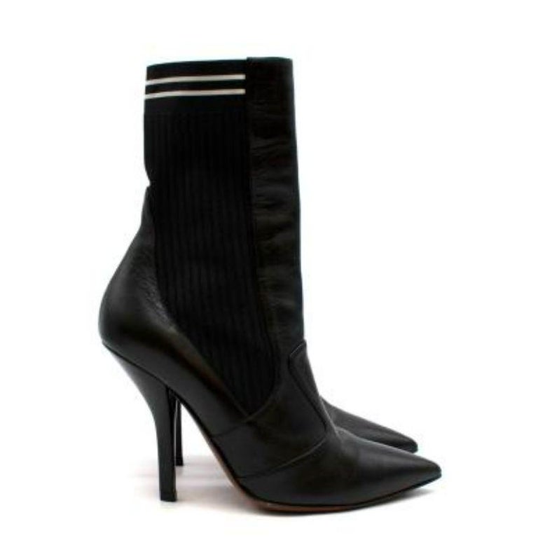 Black leather and Navy Stretch-knit Heeled Boots For Sale at 1stDibs
