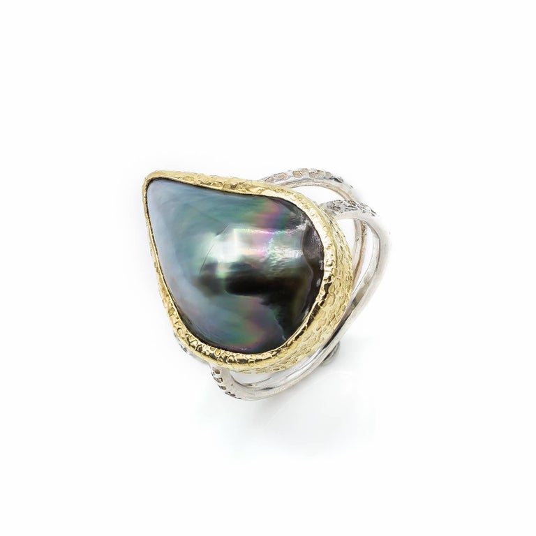 Black Mabe Peal Ring Tear Shaped in Gold and Sterling Silver For Sale ...