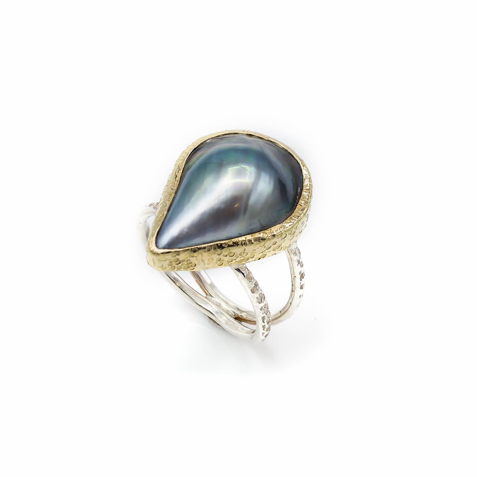 Black Mabe Peal Ring Tear Shaped in Gold and Sterling Silver For Sale ...