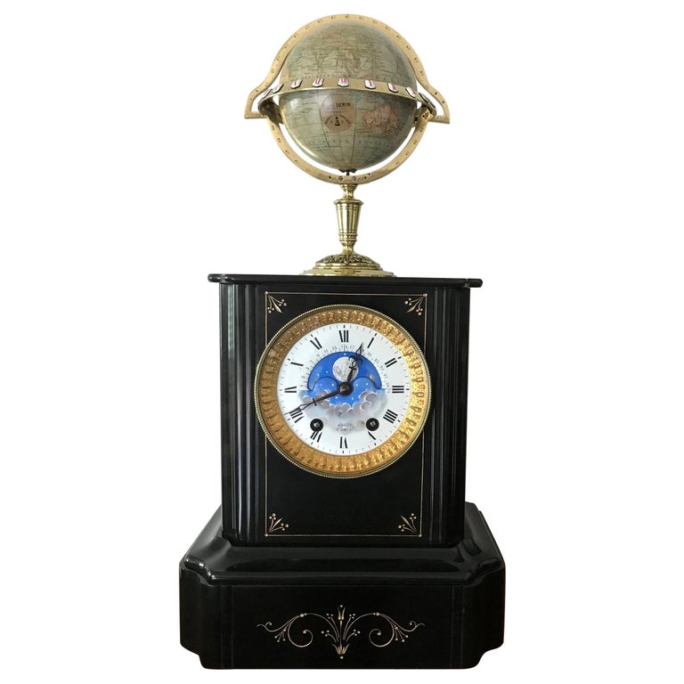 Black Marble Moonphase Rotating Globe Clock, Edouard Serin, Paris ...
