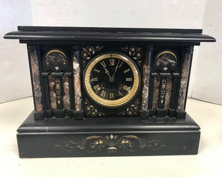 Black Marble Victorian Mantle Key-Wind Clock with Inlay at 1stDibs
