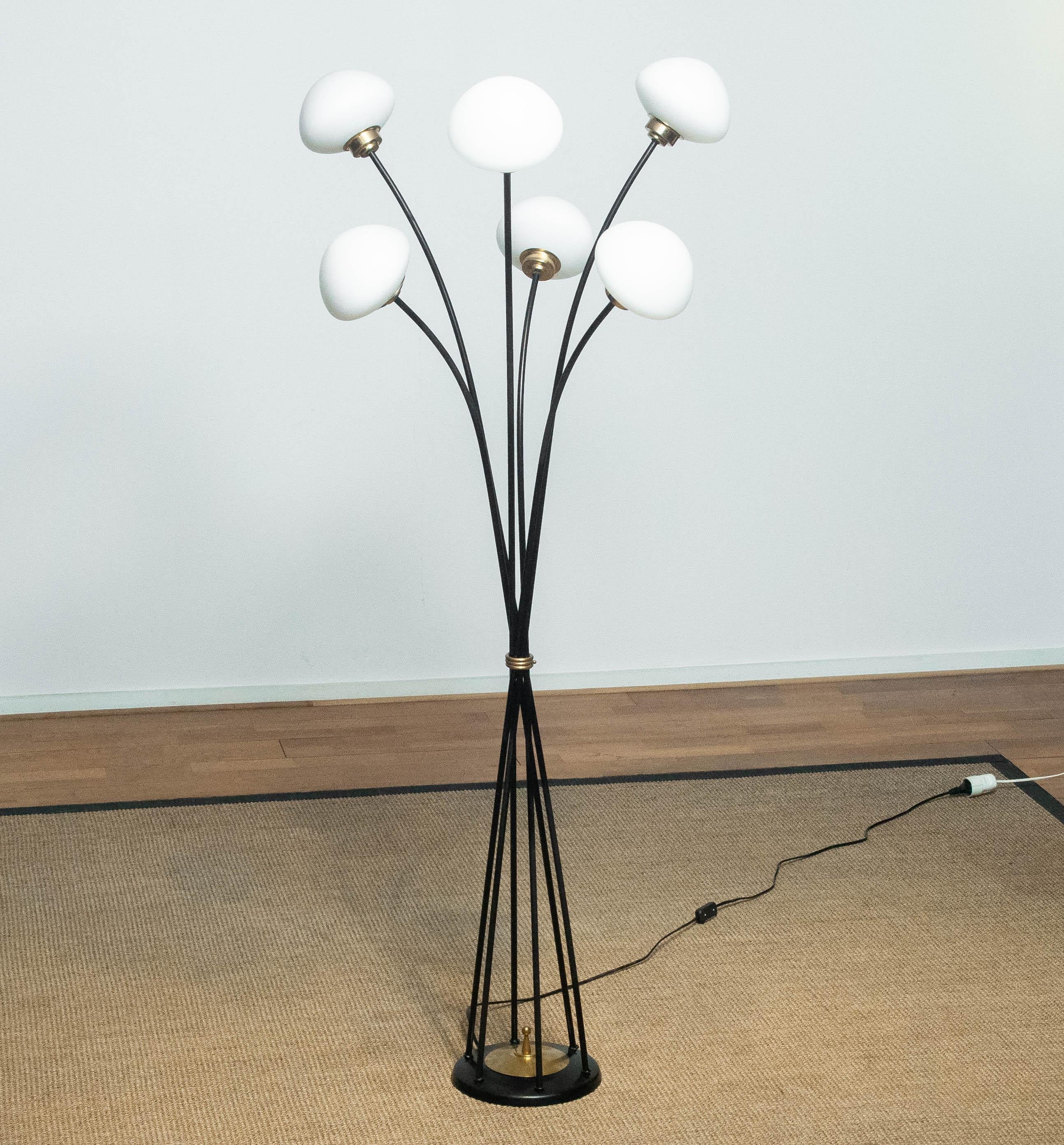 Black Metal And Brass Art Deco Floor Lamp With Opaline Glass By Royal ...