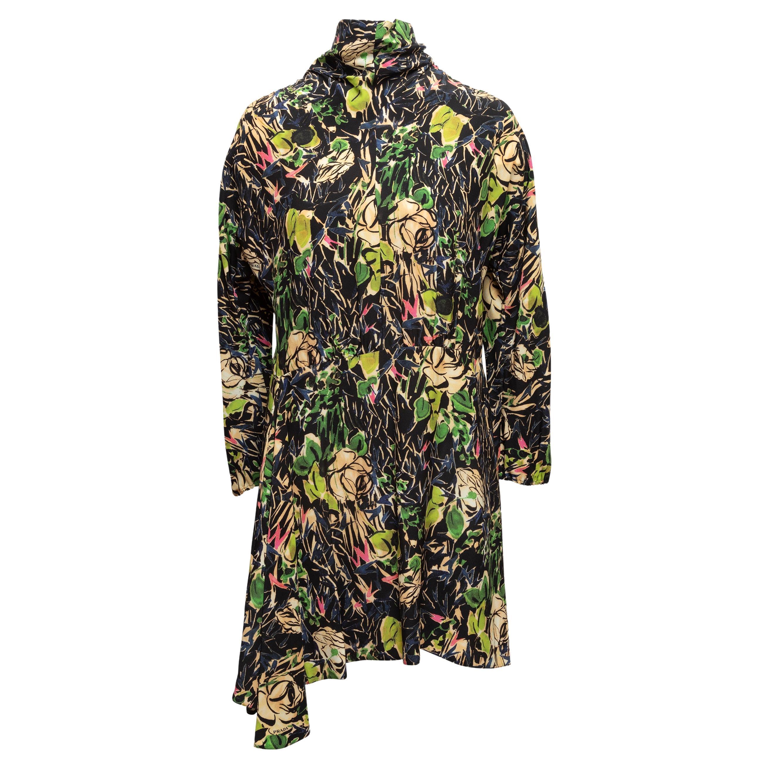 Black and Multicolor Prada Silk Floral Print Dress For Sale at 1stDibs