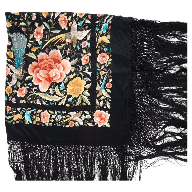 Black and Multicolor Silk Embroidered Shawl For Sale at 1stDibs