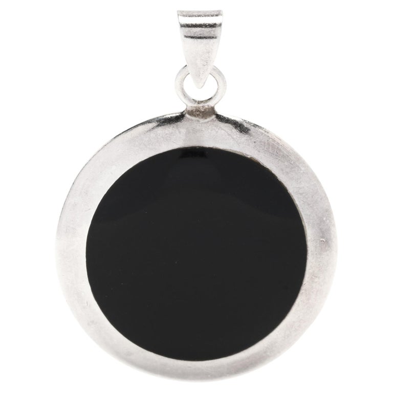 Black Onyx Disc Pendant, Sterling Silver, Round Black Onyx Pendant For ...