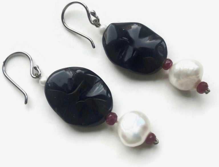 Black Onyx, Pearl and Ruby Drop Earrings on a 18 Karat White Gold ...