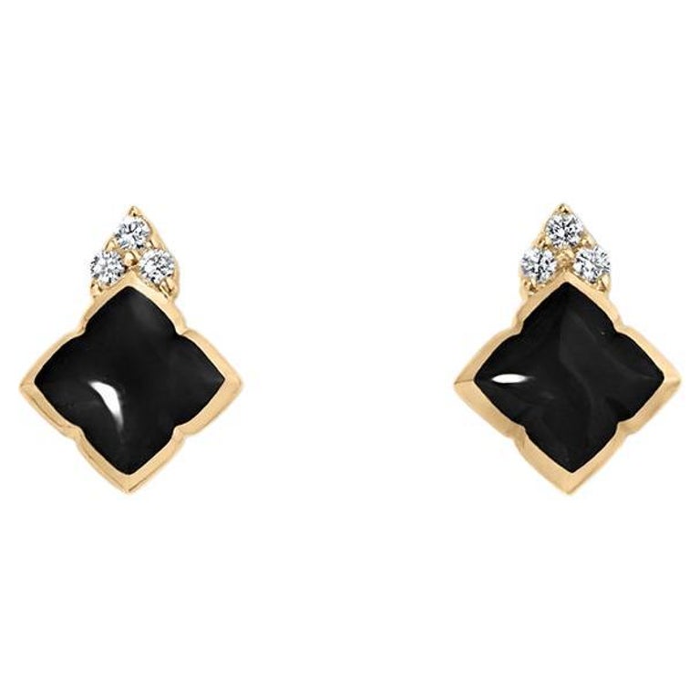 Black Onyx Post Earrings with Diamond Detail, 14 Karat Yellow Gold, by ...