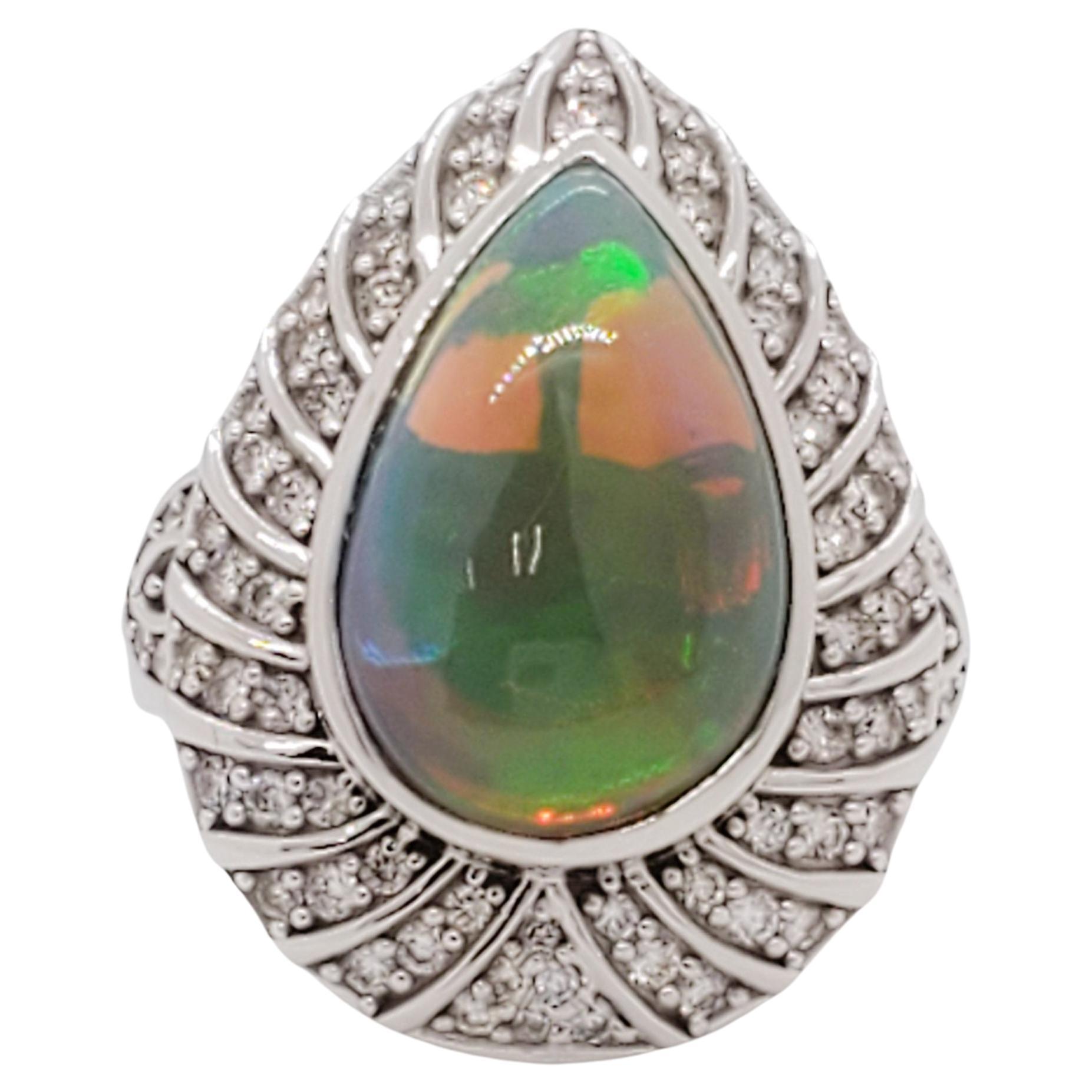 White Gold Diamond Pear Shaped Opal Ring at 1stDibs