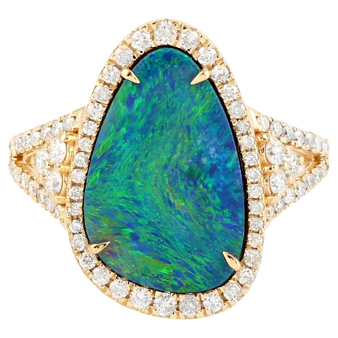 Black Opal Ring With Diamonds 4.22 Carats 18K Yellow Gold For Sale at ...