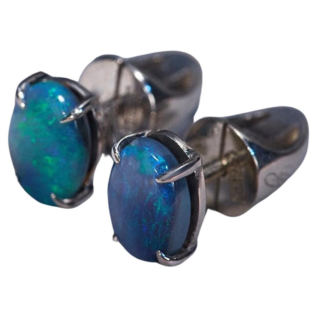 Opal Studs Silver Earrings Australian Natural Blue Green Gemstone Unisex Jewelry For Sale at 1stDibs