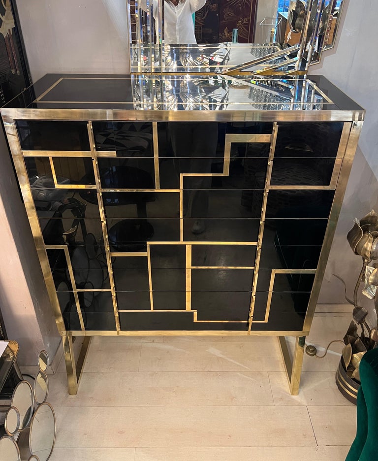 Black Opaline Glass High Chest with Brass and Gold Opaline Glass ...