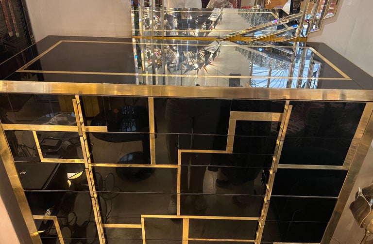 Black Opaline Glass High Chest with Brass and Gold Opaline Glass ...
