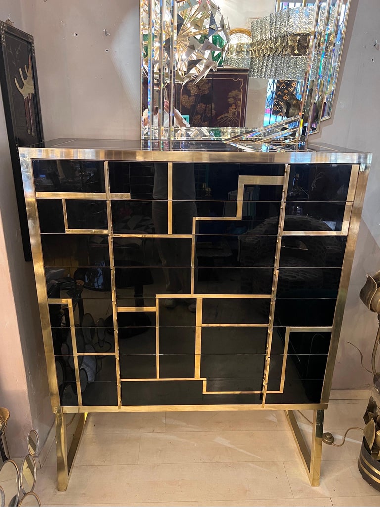 Black Opaline Glass High Chest with Brass and Gold Opaline Glass ...