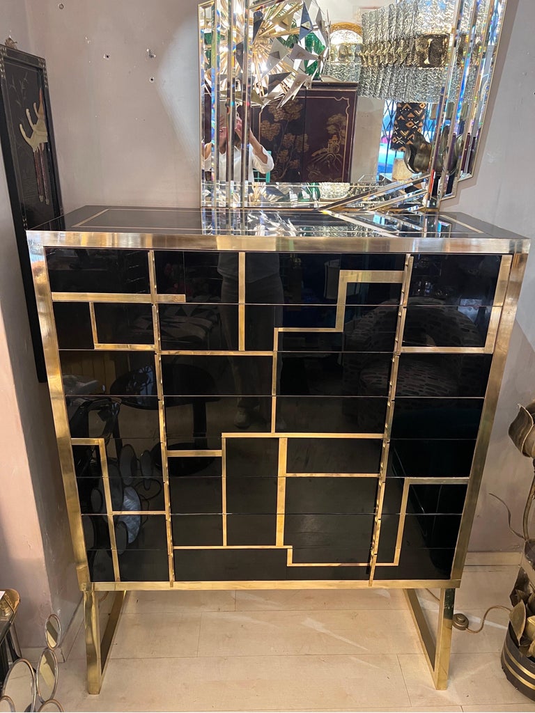 Black Opaline Glass High Chest with Brass and Gold Opaline Glass ...