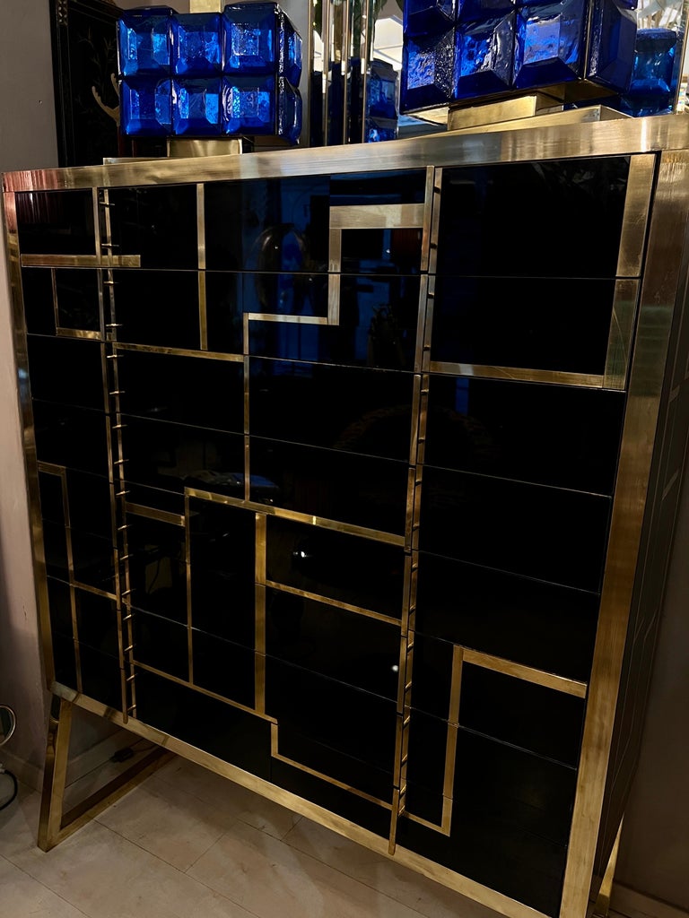 Black Opaline Glass High Chest with Brass and Gold Opaline Glass ...