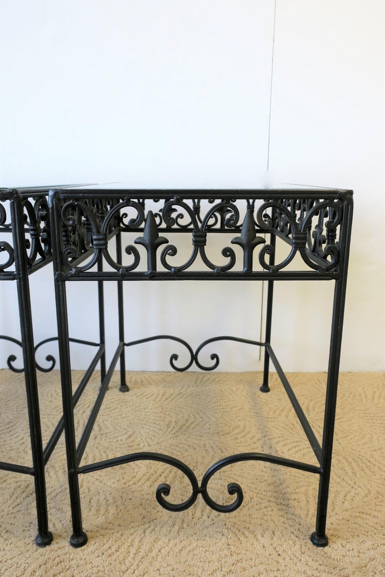 Black Metal and Glass Outdoor Patio End Tables, Pair For Sale at 1stDibs