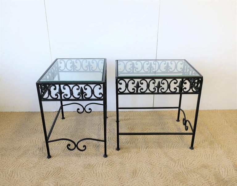 Black Metal and Glass Outdoor Patio End Tables, Pair For Sale at 1stDibs