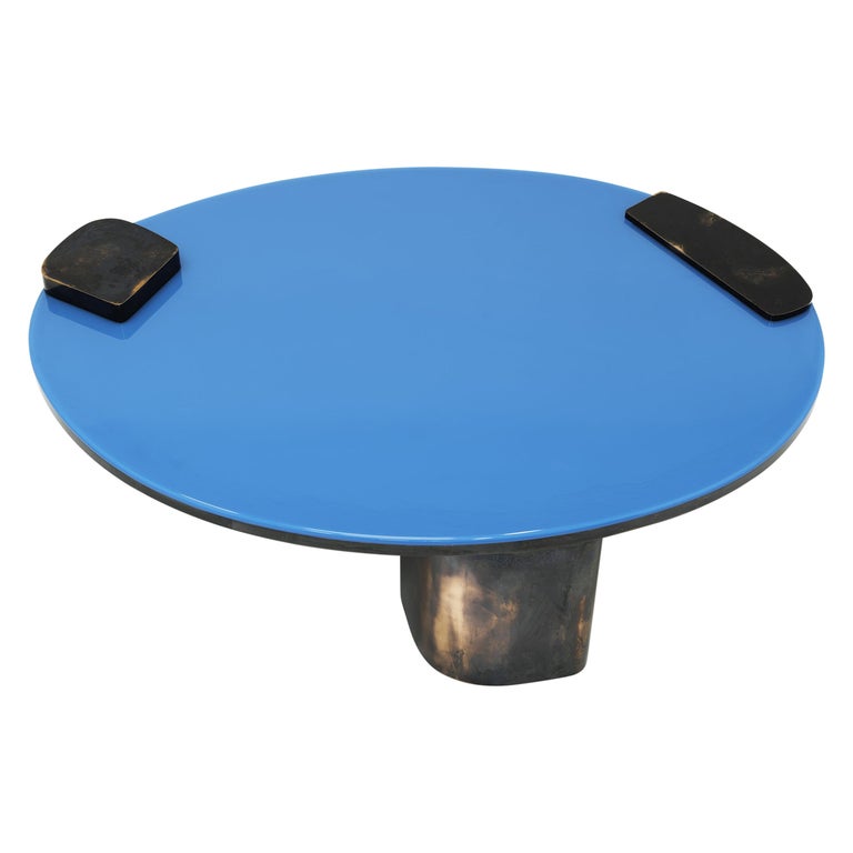 Black Oxidized Copper Base Oval Low Coffee Table with Blue Pigment ...