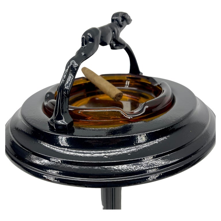 Black Painted Midcentury Floor Ashtray with Ram Sculpture and Amber ...