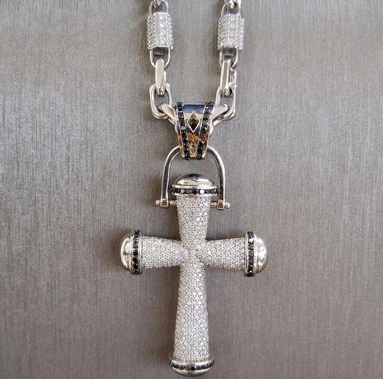 Black Pavé and White Pavé Diamond, White Gold Cross Pendant For Sale at ...