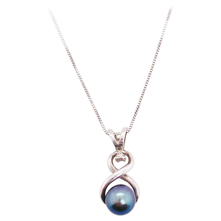 Black Pearl Necklace, Infinity Shape Pendant, White Gold Box Chain For ...