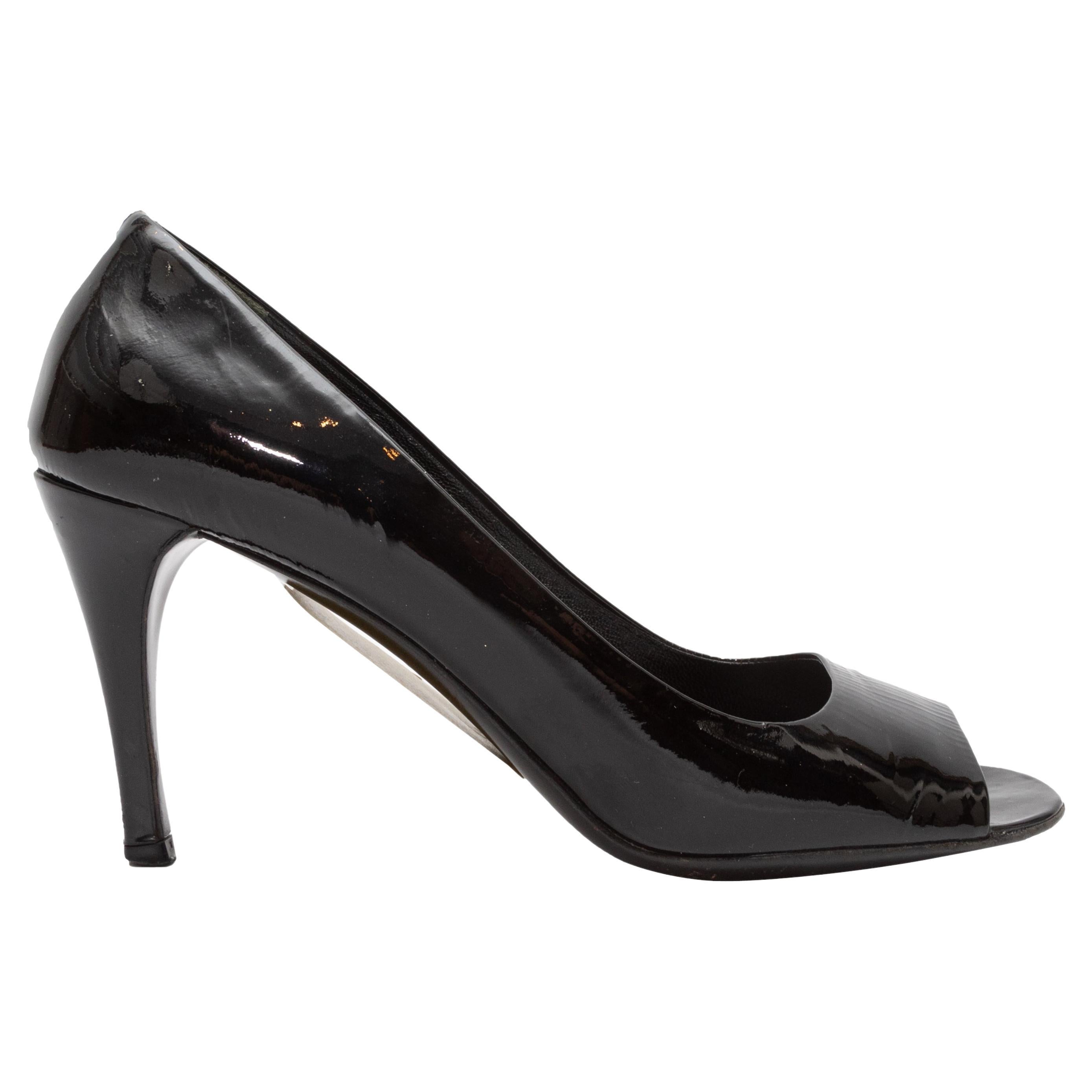 Black Prada Patent Leather Peep-Toe Heels For Sale at 1stDibs