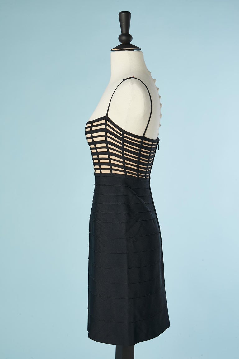 Black rayon jersey band cocktail dress on a nude tulle base Hervé Leger ...