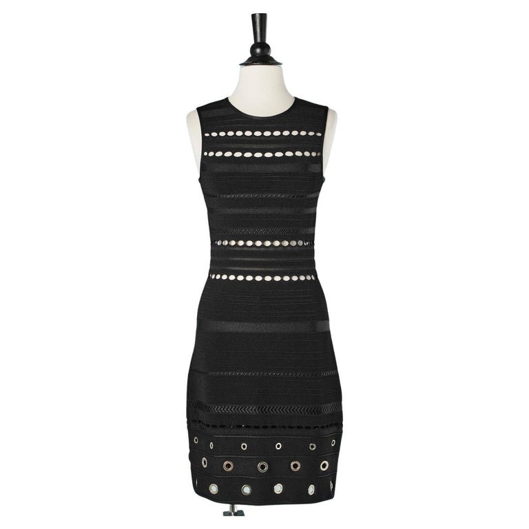 Black rayon knit see-through cocktail dress with gold eyelet Roberto ...