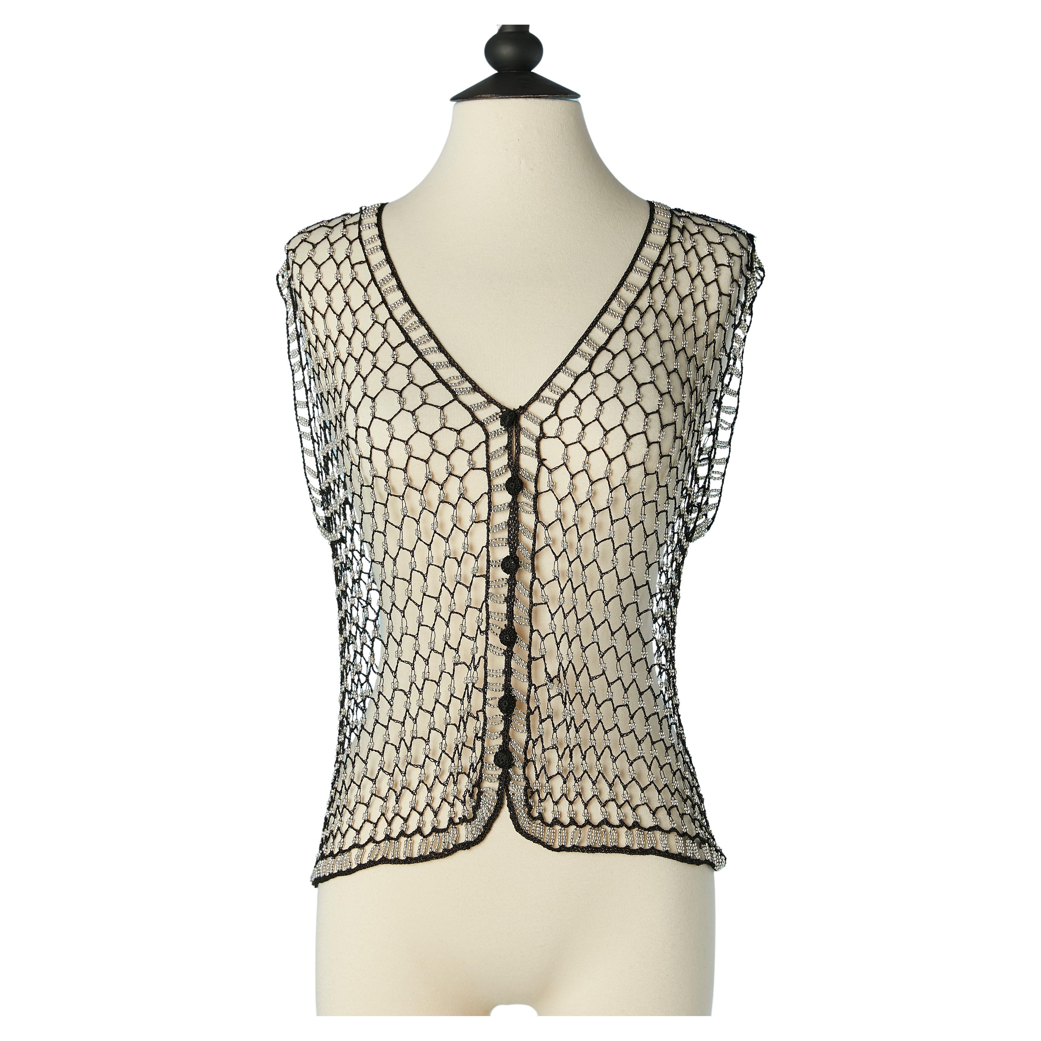 Black Rayon mesh fabric vest with silver beadwork and button middle ...